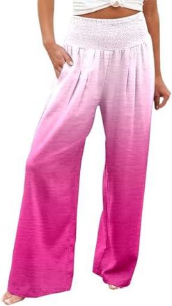 Generic Pantalon en coton et lin pour femme - Jambe large - Pantalon de plage d&eacute;t&eacute; confortable - Pantalon de yoga Palazzo - XIYU26093, rose, XXL