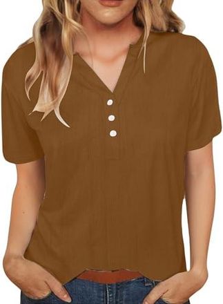 Generic IQYU T-shirt long pour femme - Grandes tailles - Manches courtes - En mousseline - Chemisier surdimensionn&eacute; en lin - Col en V - Couleur unie - Haut d&eacute;