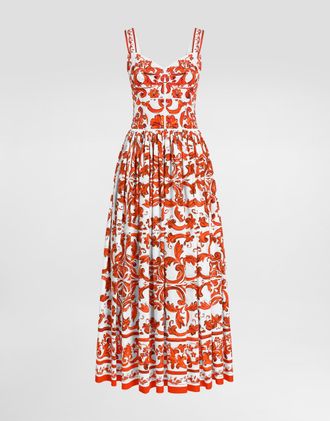 Dolce & Gabbana Langes Kleid Aus Popeline Mit Majolika-print - Frau Kleider Mehrfarbig 44