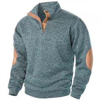 Generic Pull en tricot torsad&eacute; &agrave; col montant pour homme, pull &agrave; col montant 1/4 de bouton, sweat-shirt jacquard tricot&eacute; avec patch au coude, bleu jean, 3XL