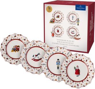 Villeroy & Boch Toys Delight Jubil&auml;ums-Teller Set 4 Teilig Bunt, Weihnachten, Teller Set f&uuml;r 4 Personen, Essteller, Fr&uuml;hst&uuml;cksteller, Weihnachtsmotiv, Weihnachtsgesch
