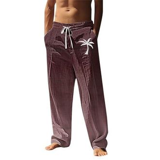 Generic Pantalon baggy en coton et lin pour homme - Pantalon en lin - Imprim&eacute; cocotier - Jambe droite - Pantalon d&eacute;contract&eacute; - Pour l&eacute;t&eacute;, la plage, les voyage