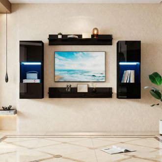 Generic 4er-Set Wandregal mit APP-gesteuertem LED-Wandschrank - 2 Regale + TV-Schrank in Schwarz (Hochglanz/Glas) - Smarte Beleuchtung & TV-kompatibel fürs Wo