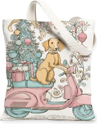 Generic Sacs fourre-tout en toile pour chien de No&euml;l, sacs &agrave; provisions r&eacute;utilisables, l&eacute;gers et lavables avec bandouli&egrave;re en toile, beige, 13x15 Inch