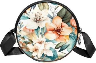 Generic Petit sac &agrave; bandouli&egrave;re circulaire pour femme, motif feuilles florales, sac &agrave; dos avec fermeture &eacute;clair, bretelles r&eacute;glables, sac &agrave; main rond d&eacute;contra