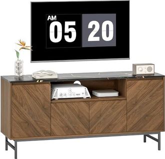 HOMCOM Meuble TV jusquà 65 Pouces Meuble télé Bois avec Compartiment Ouvert, Portes, étagères réglables et Passe-câbles, Banc TV Moderne Effet marbre pour Sa