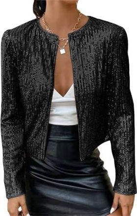 TOMWELL Femmes Mode Col Montant Paillettes Manteau Court Casual Manches Longues Manteau Slim Fit Veste De Costume Couleur Unie Jacket Cardigan Clubwear A Noir