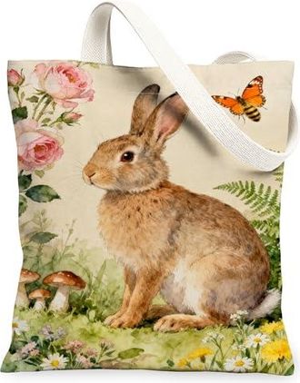 Generic Sacs fourre-tout en toile motif lapin floral, design inspir&eacute; de la nature, sacs d&eacute;picerie, sacs d&eacute;picerie r&eacute;utilisables, printemps vintage, l&eacute;ger, lav