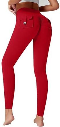 Generic Legging avec effet lifting des fesses pour femme, leggings cargo, pantalon dentra&icirc;nement et de course taille haute avec poches lat&eacute;rales, noir, rouge,