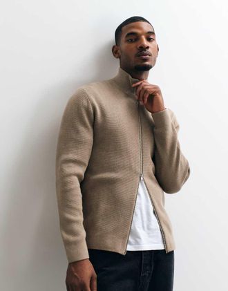 Jack & Jones cardigan premium zipp&eacute; &agrave; col montant beige-Neutre