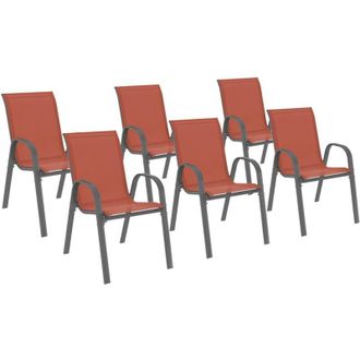IDMarket Lot de 6 chaises de jardin LYMA m&eacute;tal et textil&egrave;ne empilables terracotta