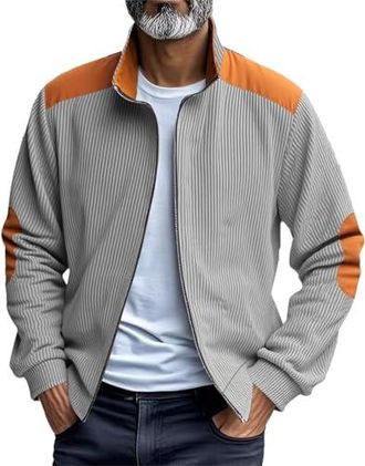 Generic Veste en velours c&ocirc;tel&eacute; pour homme avec col montant patchwork vintage - Veste de loisirs en coton l&eacute;ger - Sans capuche - Avec fermeture &eacute;clair, gris, 