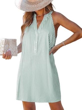 Cupshe Robe dété sans manches avec col en V et boutons rayés pour femme, vert, Taille XL