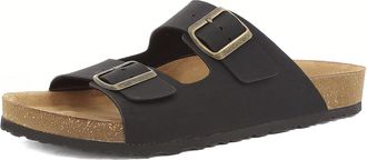 Inblu Herren-Hausschuhe mit doppeltem Band und verstellbaren Schnallen, gepolstertes Fußbett aus echtem Leder, von 40 bis 46 Schiebe-Sandalen, Schwarz, 44 E