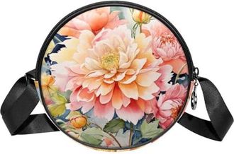 Generic Petit sac &agrave; bandouli&egrave;re circulaire pour femme, motif feuilles florales, sac &agrave; dos avec fermeture &eacute;clair, bretelles r&eacute;glables, sac &agrave; main rond d&eacute;contra