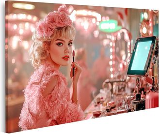 Islandburner Bild auf Leinwand Frau in Rosa beim Schminken in Retro Kulisse für Schlafzimmer Frauen Kosmetikstudio Bilder Wandbilder Poster