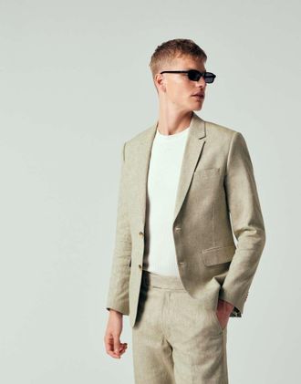 Abercrombie & Fitch Blazer densemble ajust&eacute; en lin m&eacute;lang&eacute; &agrave; boutonnage simple - Vert