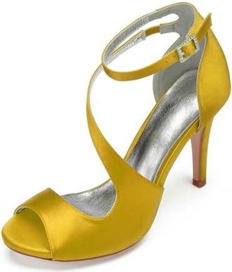 Generic Escarpins Femme Mari&eacute;e Bout Ouvert Btide Cheville Boucle Stylet Talons Sandales Chaussures De Mariee Bal 10.5 Cm,Jaune,42 EU