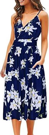 Generic Robes amincissantes d&eacute;t&eacute; pour femmes, sans manches, col trap&egrave;ze, soleil &eacute;vas&eacute;, 2026, bleu, L