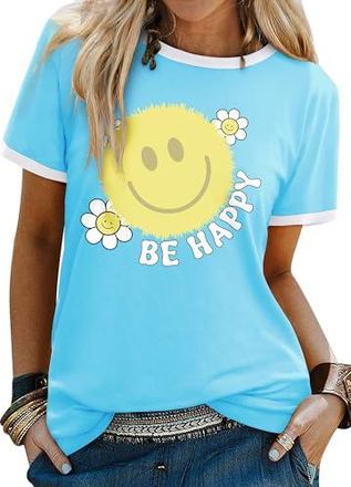 Dresswel T-shirt pour femme avec imprim&eacute; sourire - T-shirt &agrave; manches courtes et col rond - Hauts d&eacute;t&eacute; - Tee Tops - Blouse, A2-bleu., L