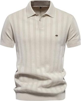 Generic Polo en tricot textur&eacute; &agrave; manches courtes pour homme - T-shirt de sport d&eacute;contract&eacute; d&eacute;t&eacute; 2025, beige, L