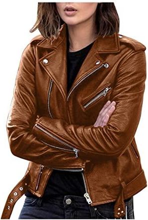 Generic EMUKFD Vestes en cuir synth&eacute;tique pour femme, grande taille, manteau court l&eacute;ger en similicuir v&eacute;g&eacute;talien, tendance, ajust&eacute;, avec poches &agrave; fermeture &eacute;