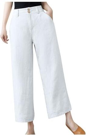 Generic Pantalon Droit Lin Femme Uni &agrave; Boutons Solide Ample Jambe Droite Palazzo Pantalon Taille Haute Extensible D&eacute;contract&eacute;s Pantalons D&eacute;t&eacute; en Lin avec Poch