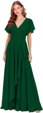 Generic Robe de demoiselle dhonneur en mousseline de soie &agrave; col en V pour femme, robe de soir&eacute;e formelle &agrave; manches flottantes avec fente, vert &eacute;meraude, 46 Gr