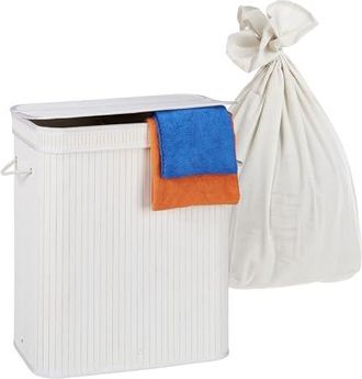 Relaxdays W&auml;schekorb mit Deckel, 2 F&auml;cher, Bambus, 100 l, faltbar, HxBxT: 60 x 52 x 32 cm, W&auml;sche Sortiersystem, wei&szlig;