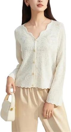 Generic Cardigan de printemps pour femme 100 % laine col en V tricot&eacute; boutonn&eacute; haut &agrave; la mode, blanc, Taille L