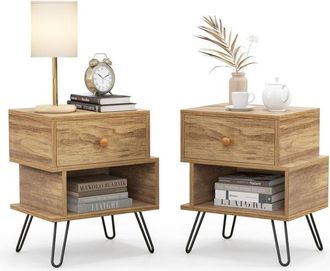 Costway Costway - Lot de 2 tables de chevet en bois avec tiroir - Pieds en m&eacute;tal sur&eacute;lev&eacute;s - Dimensions 39x29x47cm - Design irr&eacute;gulier pour salon ou chambre