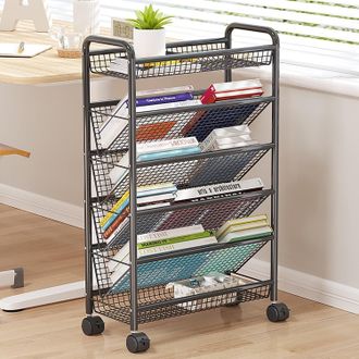 Generic Rollbarer B&uuml;cherwagen, mobiles B&uuml;cherregal auf R&auml;dern, kompakter Trolley, freistehendes Metallregal, Eckregal, Zeitschriftenst&auml;nder for schmale R&auml;ume(
