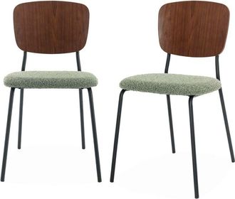 Sweeek Lot de 2 chaises assise bouclette texturée verte. dossier bois de peuplier courbé. pieds en métal noir mat