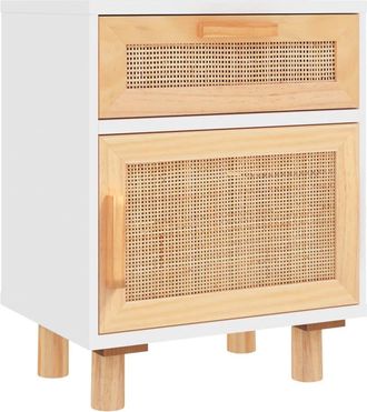 Generic vidaXL Nachttisch 1 Schublade 1 Fach Nachtschrank Nachtkonsole Nachtkommode Schlafzimmer Schrank Kommode Wei&szlig; Massivholz Kiefer Natur-Rattan