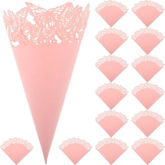 BESPORTBLE Rosa Konfetti T&uuml;ten mit Schmetterlings Spitze 20 Papier Bl&uuml;tenblatt T&uuml;ten f&uuml;r Hochzeitstischdekoration und Bl&uuml;tenstreu Halter