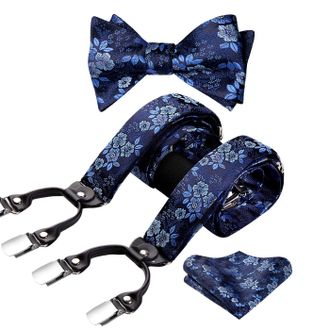 Hisdern Blau Herren Hosentr&auml;ger mit 6 starken Clips Extra Breit Paisley Y Form Hosentr&auml;ger f&uuml;r Herren mit Fliege Einsteckuch Set