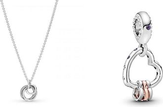 Pandora Moments Familie Für Immer Verschlungener Anhänger Halskette Sterling-Silber 60cm & Herzen auf Herz Charm-Anhänger mit Sterling-Silber und 14 Karat ros
