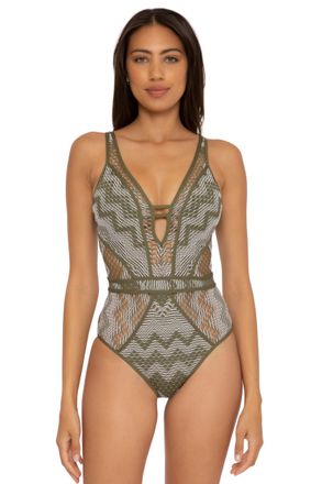 BECCA by Rebecca Virtue Damen-Badeanzug, Farbspiel, einteilig, tiefer Ausschnitt, geh&auml;kelt, Badeanz&uuml;ge, Algen, Gr&ouml;&szlig;e L