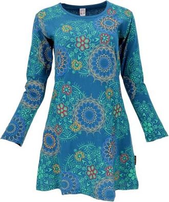 Guru Shop Mini robe tunique brod&eacute;e chic avec fleurs color&eacute;es pour femme en coton, p&eacute;trole, 42