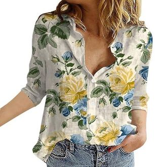 Generic Haut &agrave; manches longues &agrave; col en V pour femme - Chemisiers floraux &agrave; manches longues - Blouses et chemises de plage, hauts de vacances, hauts basiques 