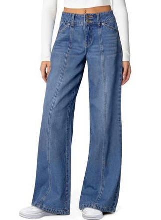 Generic Jean large pour femme avec coutures sur le devant, extensible, contr&ocirc;le du ventre, jambe large, poche baggy, pantalon en denim, taille haute, jambe dr