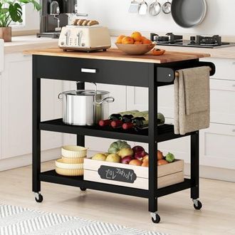 Giantex Desserte Cuisine, Porte-Serviettes, Plan de Travail en Bois dHévéa, Desserte à roulettes, 1 Tiroir, 2 Étagères Ouvertes, Cadre en Bois de Pin, Chariot