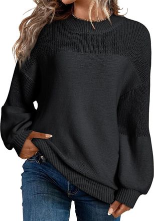 Dokotoo Damen Pullover Elegant Rundhals Puff&auml;rmel Strickpullover Einfarbig Lose Oberteile Herbst Winterpullover Pulli, schwarz, S