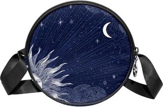 Generic Petit sac &agrave; bandouli&egrave;re rond pour femme, motif soleil, lune et &eacute;toiles, avec fermeture &eacute;clair, bretelles r&eacute;glables, sac &agrave; main rond d&eacute;contract&eacute; pour f