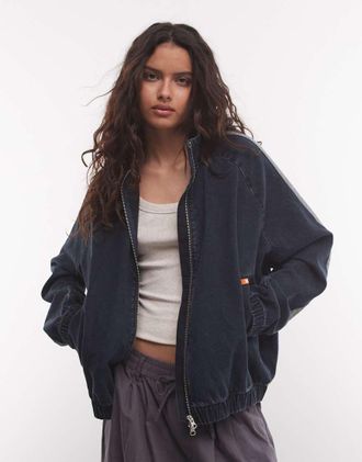 Collusion kastige Jeansjacke mit sportlichen Details in dunkler Used-Waschung, Kombiteil-Marineblau