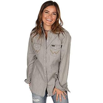 Wrangler Long Sleeve Snap Front Western Shirt Blouse, Denim Gris, M Femme