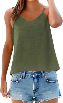 Generic Haut caraco pour femme sans manches en coton et lin - Respirant - Coupe ample - Couleur unie - Élégant - Confortable - Pour les vacances à la plage, V