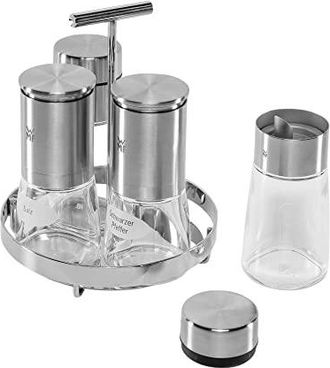 WMF De Luxe Menage-Set 5-teilig, für Salz, Pfeffer, Essig, Öl, Ständer mit 2 Essig-/ Ölspender, Salzmühle, Pfeffermühle, spülmaschinengeeignet