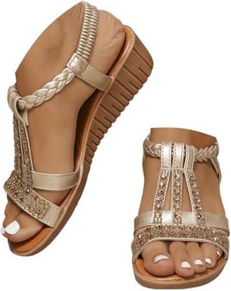 Onsoyours Sandale Femme Compensees Été Mode Élégance Mules Sandales Bout Ouvert Rome Strass Bride Cheville Chaussures pour Plage Vacances B Or 36 EU