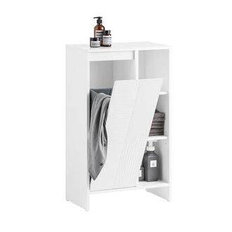 SoBuy Meuble Salle de Bain avec Panier à Linge - Colonne Rangement WC étroite avec Porte Abattante et Étagères Ouvertes, 86x50x30cm, Blanc BZR156-W